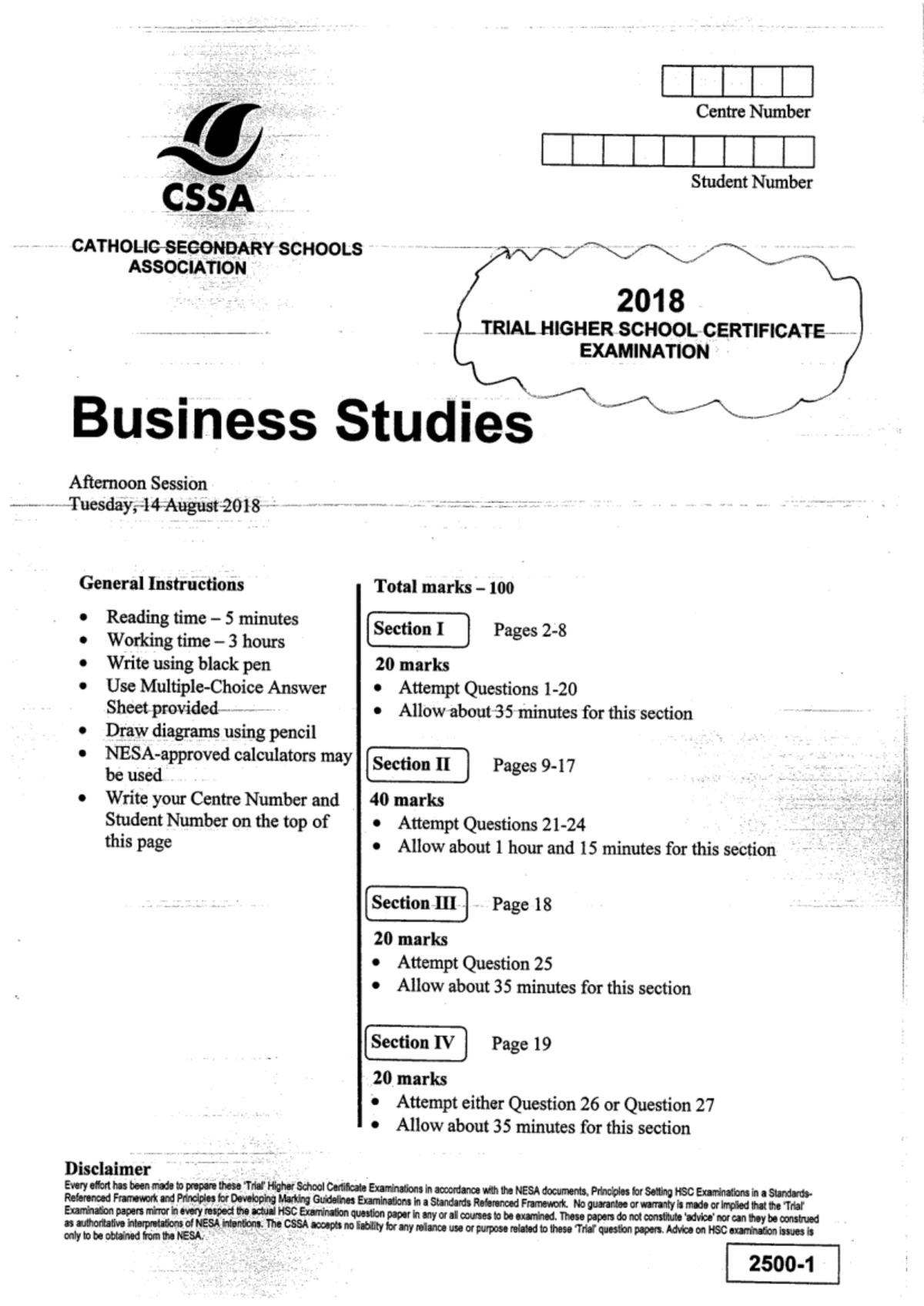 CSSA 2018 Trial HSC Business Studies Exam Paper - Studocu