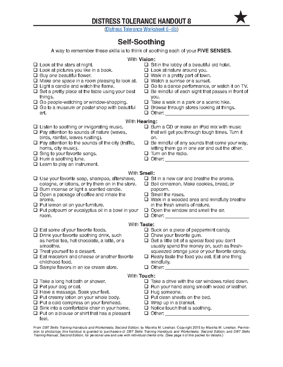 Self-Soothing Skills for Distress Tolerance (DBT) Handout - Studocu