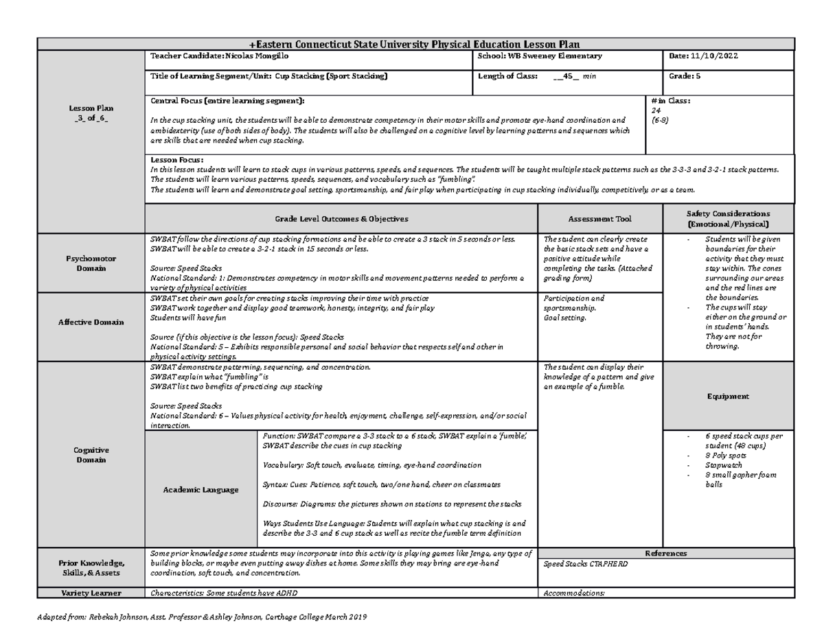 Cup Stacking Lesson Plan for Physical Education (PE 101) - Studocu