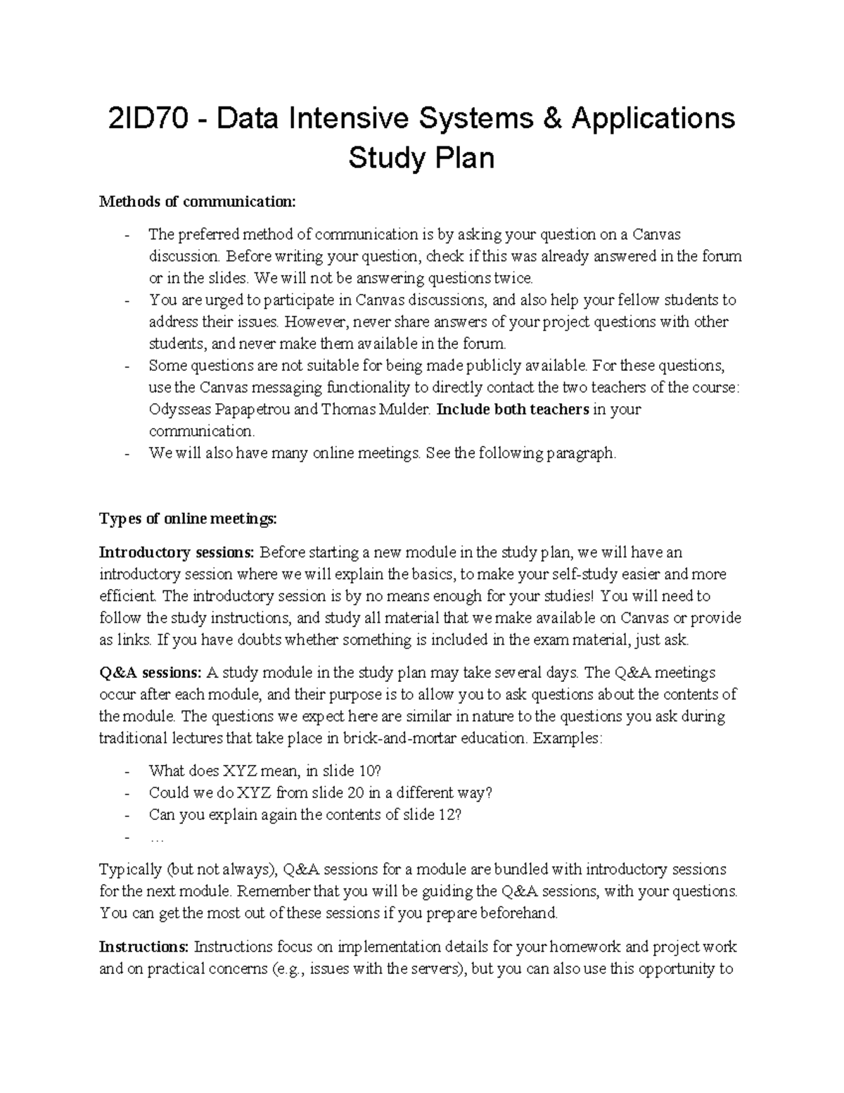 2ID70 Study Plan - Overview for Data Intensive Systems Course - Studeersnel