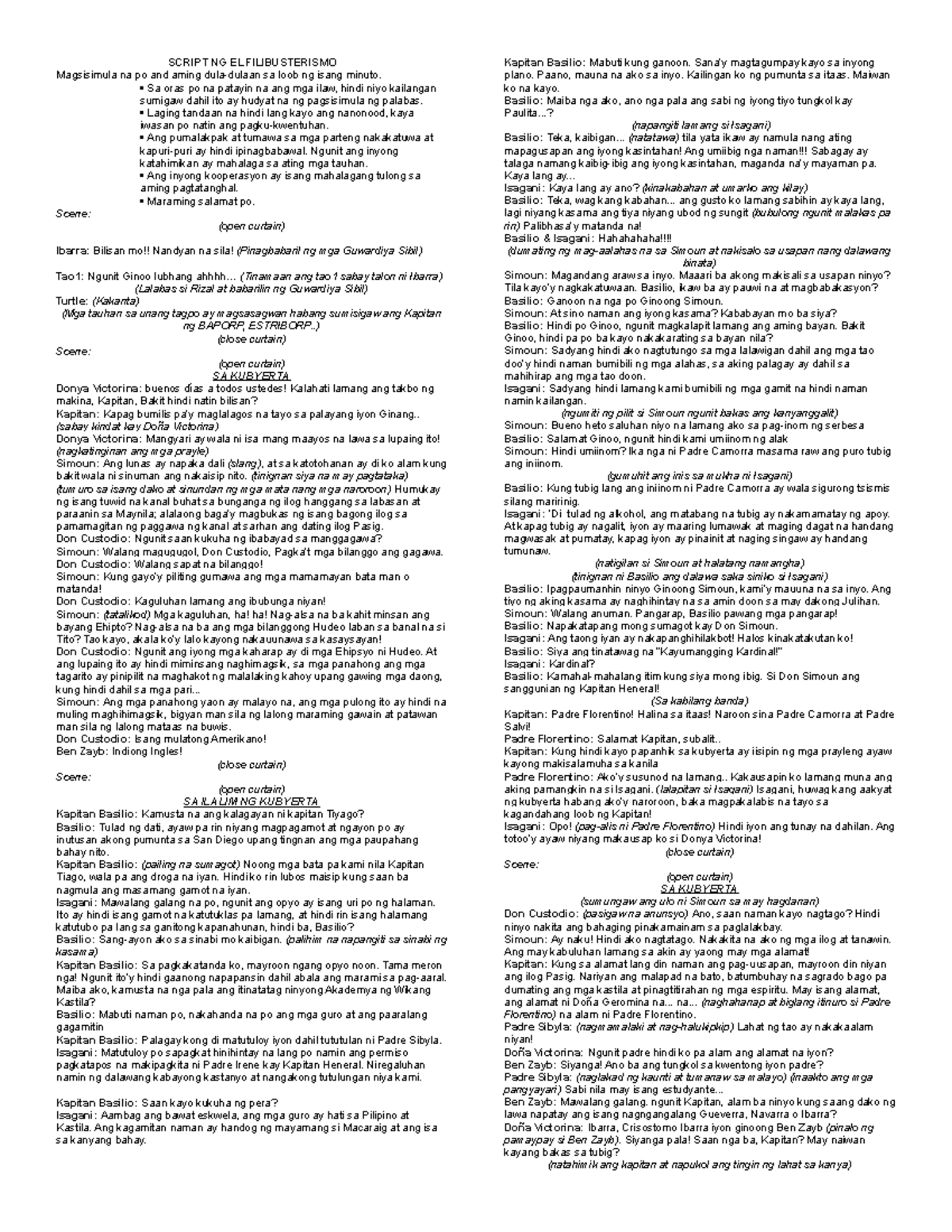 Script ng El Filibusterismo: Isang Dula-Dulaan na Pagtatanghal - Studocu