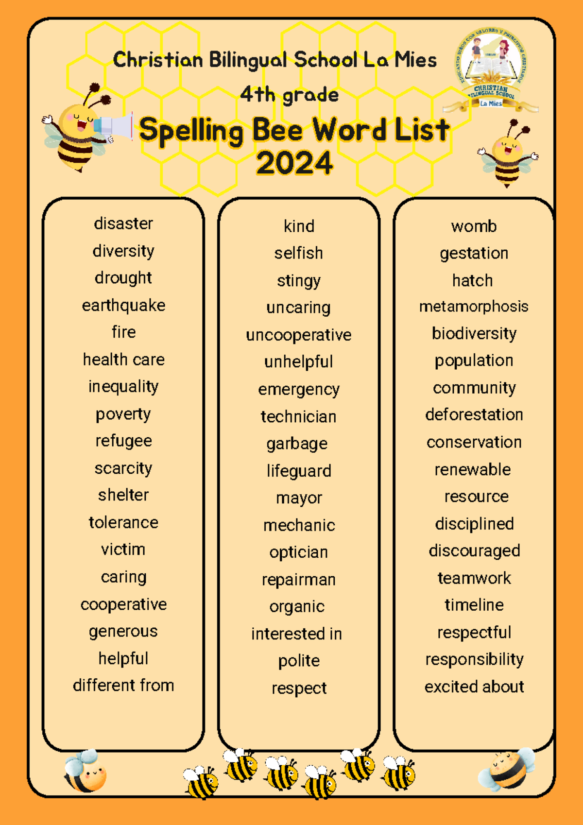4th grade Spelling Bee Word list - disaster diversity drought ...