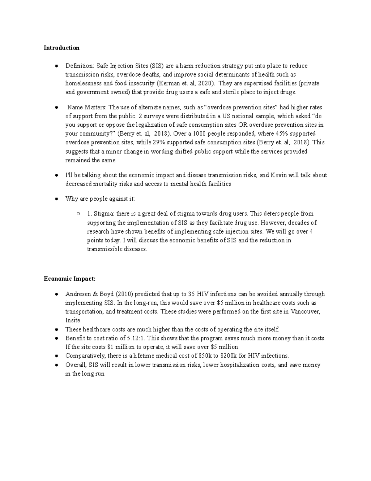 Safe Injection Sites (SIS): Economic & Health Impacts Outline - Studocu