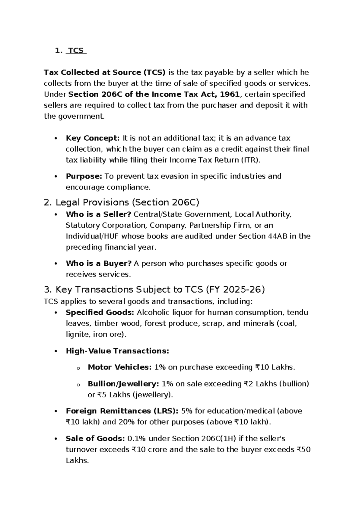 TCS & PAYE Taxation Overview: Key Concepts & Compliance Notes - Studocu