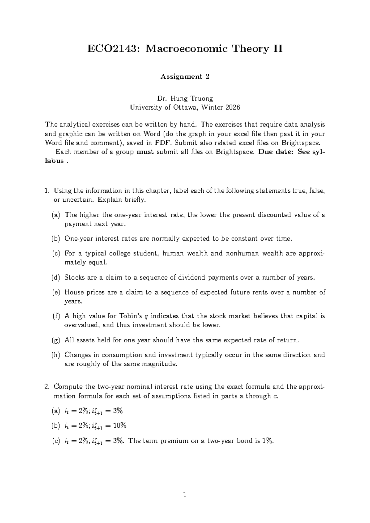 ECO2143: Macroeconomic Theory II Assignment 2 Problem Set - Studocu