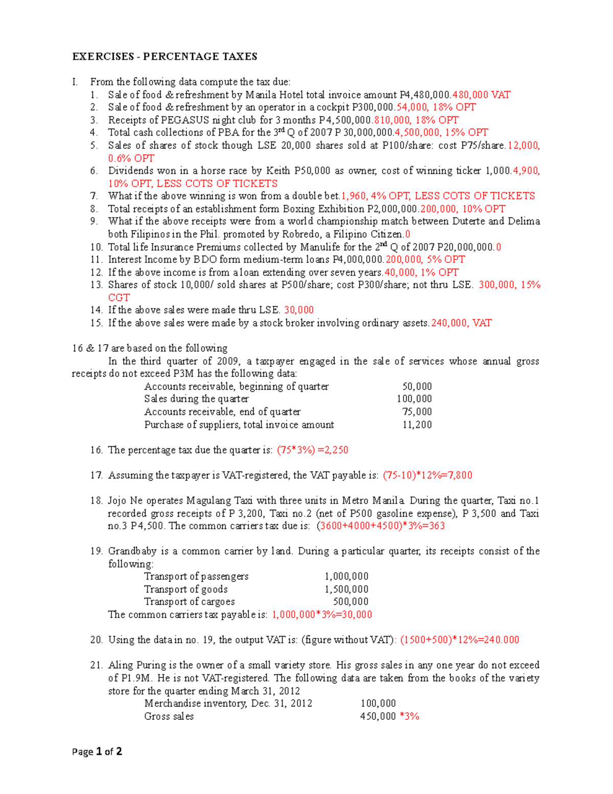 Percentage Taxes Practice Exercises for Toaz - Final Review - Studocu