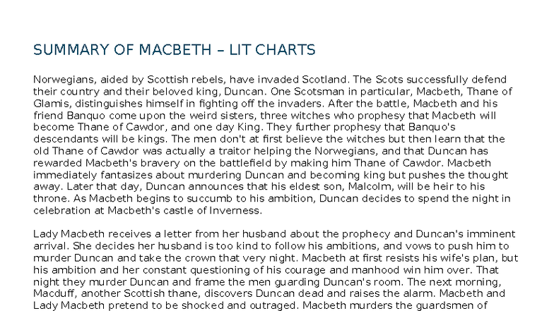 SUMMARY OF MACBETH LIT CHARTS (ENG 101) - Studocu