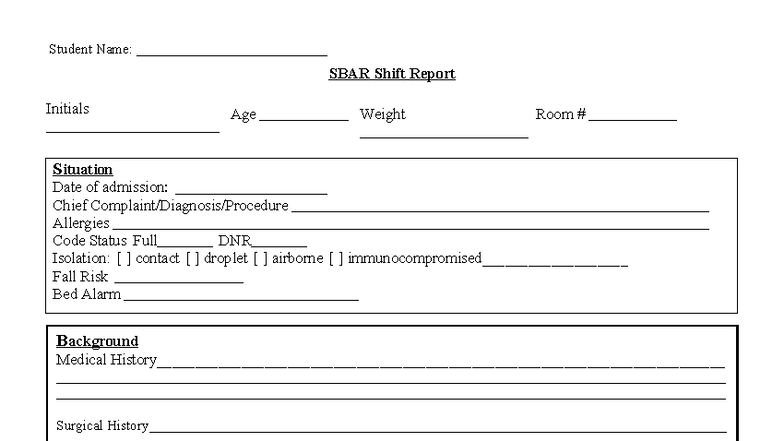 SBAR Shift Report Form N1 - Spring 2025 - Studocu