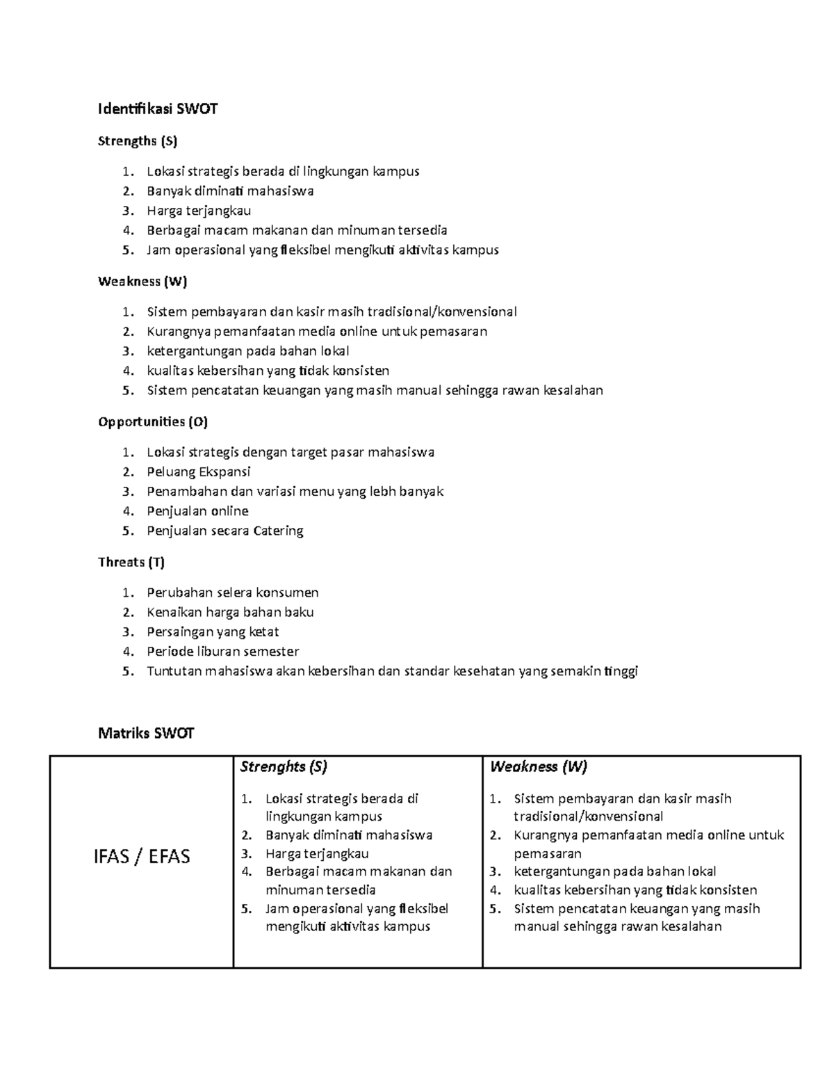 Matriks SWOT Analisis Bisnis di Lingkungan Kampus - Studocu