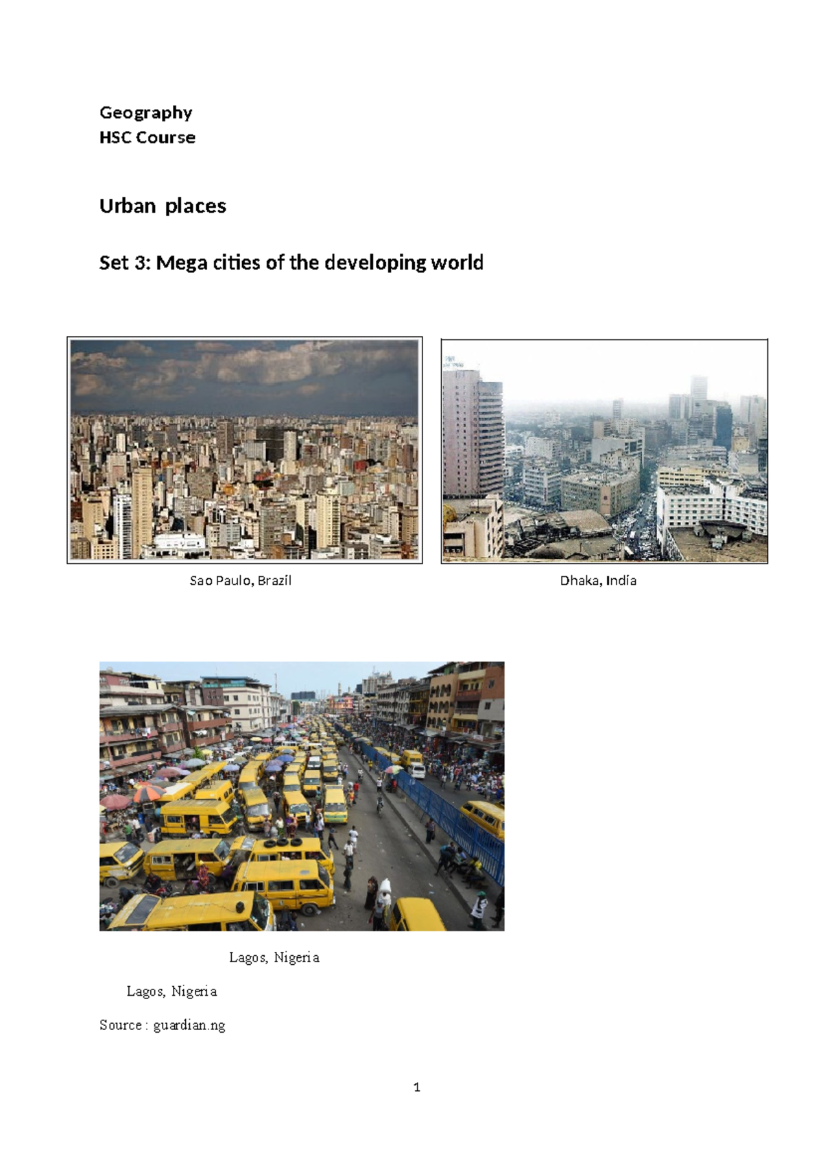 Geography HSC Course: Urban Places Set 3 - Mega Cities in Developing ...
