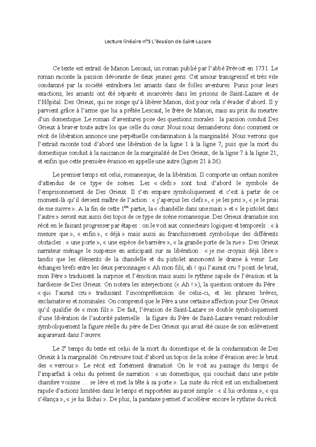 5. Lecture linéaire n°3 : L’évasion de Saint-Lazare dans Manon Lescaut - Studocu