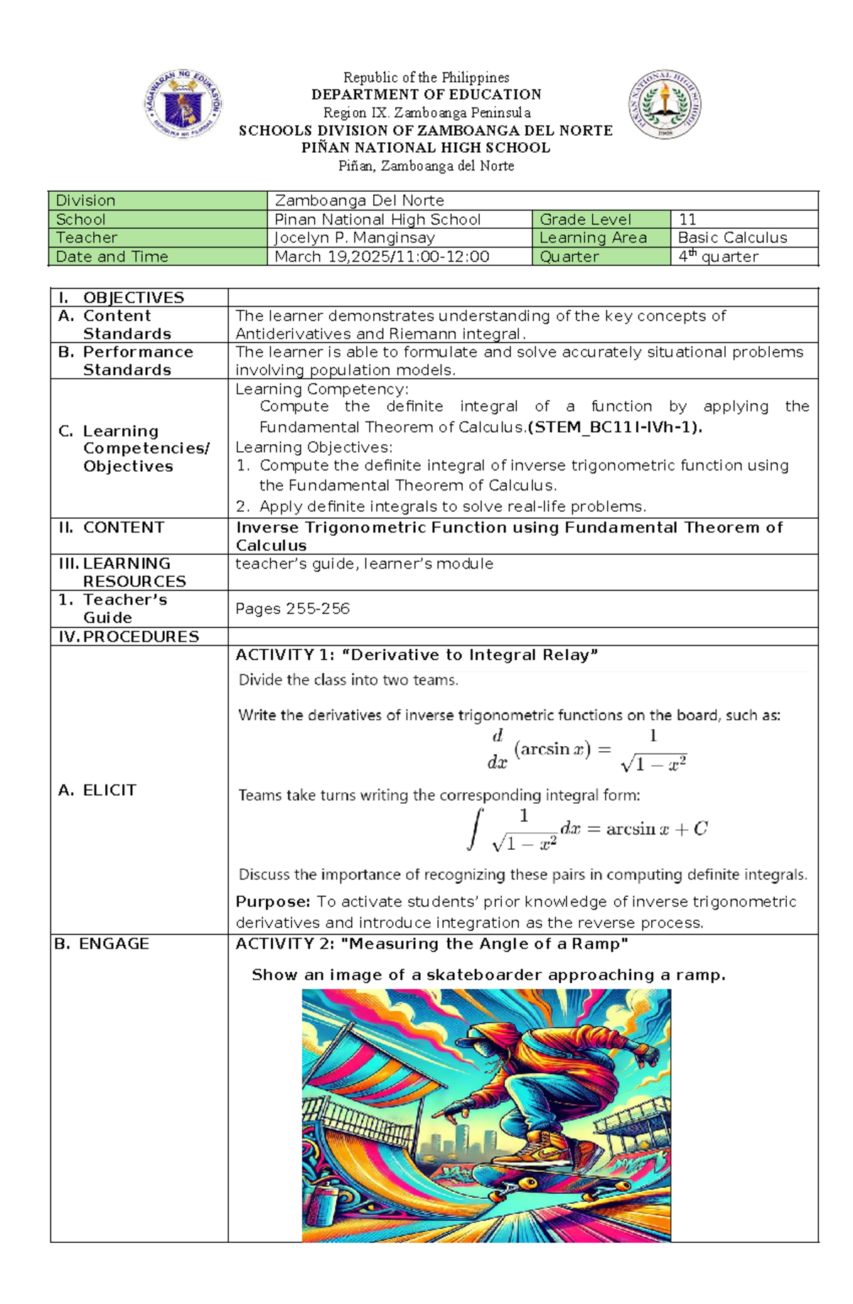 BC IV-20 WEEK 6 DAY 3 - LESSON PLAN ON INVERSE TRIG FUNCTIONS - Studocu
