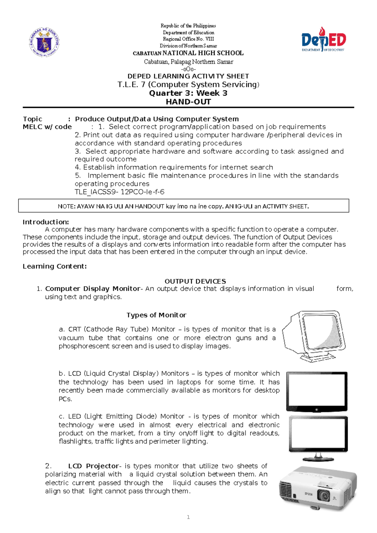 TLE 7 - Q3W3: Activity Sheet on Computer System Output & Printing - Studocu