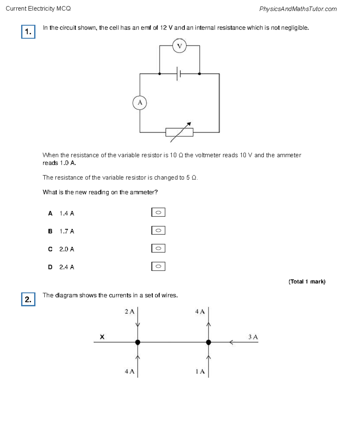 Current Electricity MCQ QP 5.1 - Physics and Maths Tutor - Studocu