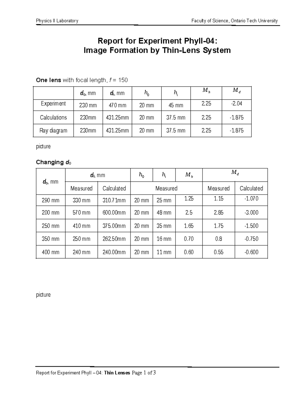 Physics II Lab Report: Experiment on Thin Lenses (PhyII 04) - Studocu