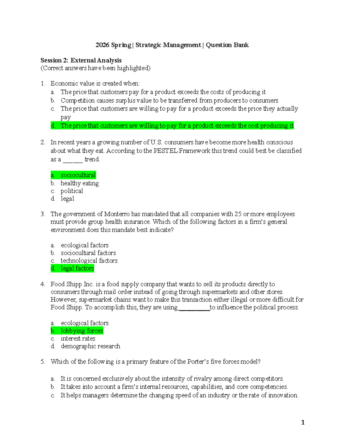 2026 Spring Strategic Management QBank: Session 2 External Analysis ...