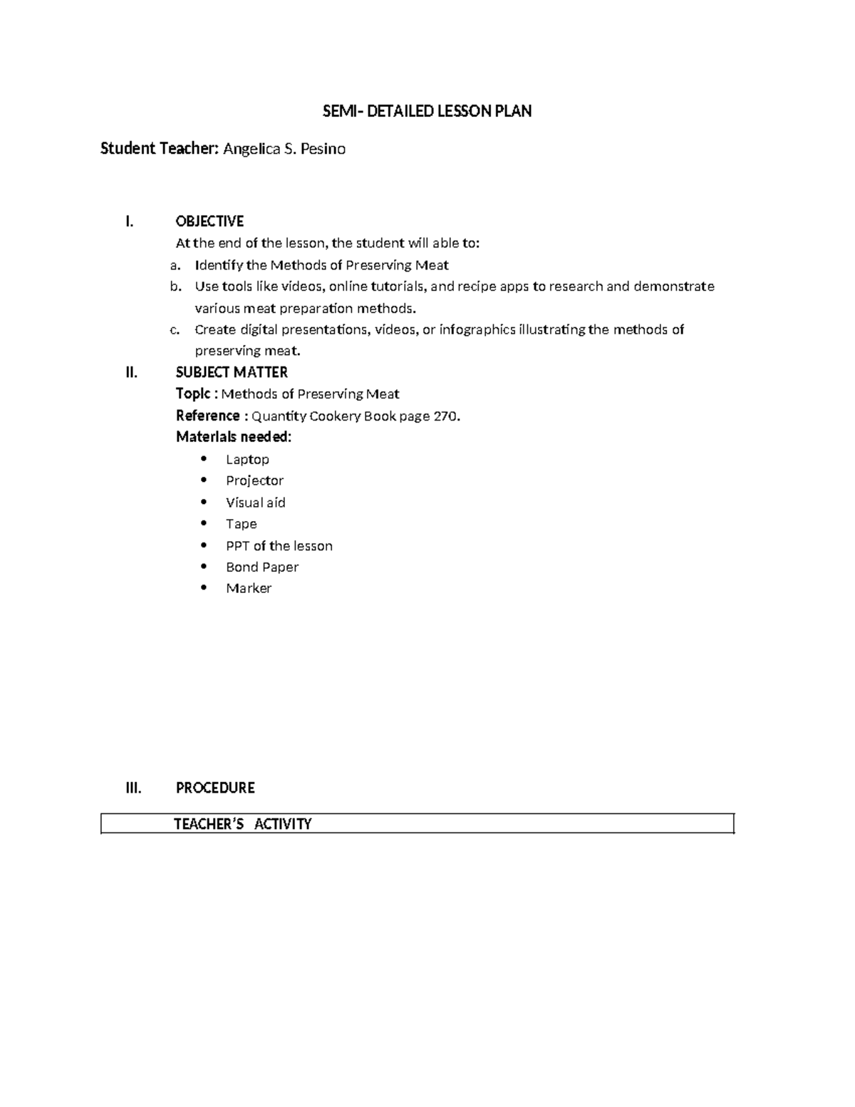SEMI-DLP-ICT: Detailed Lesson Plan on Meat Preservation Methods - Studocu