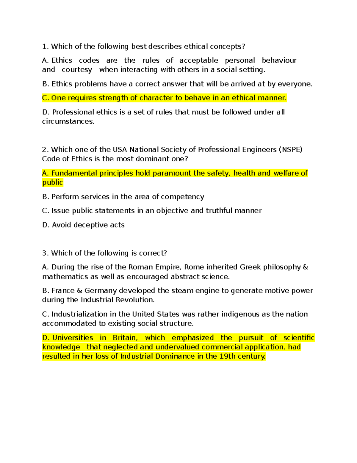 Quiz Questions on Ethical Concepts and Historical Perspectives - Studocu