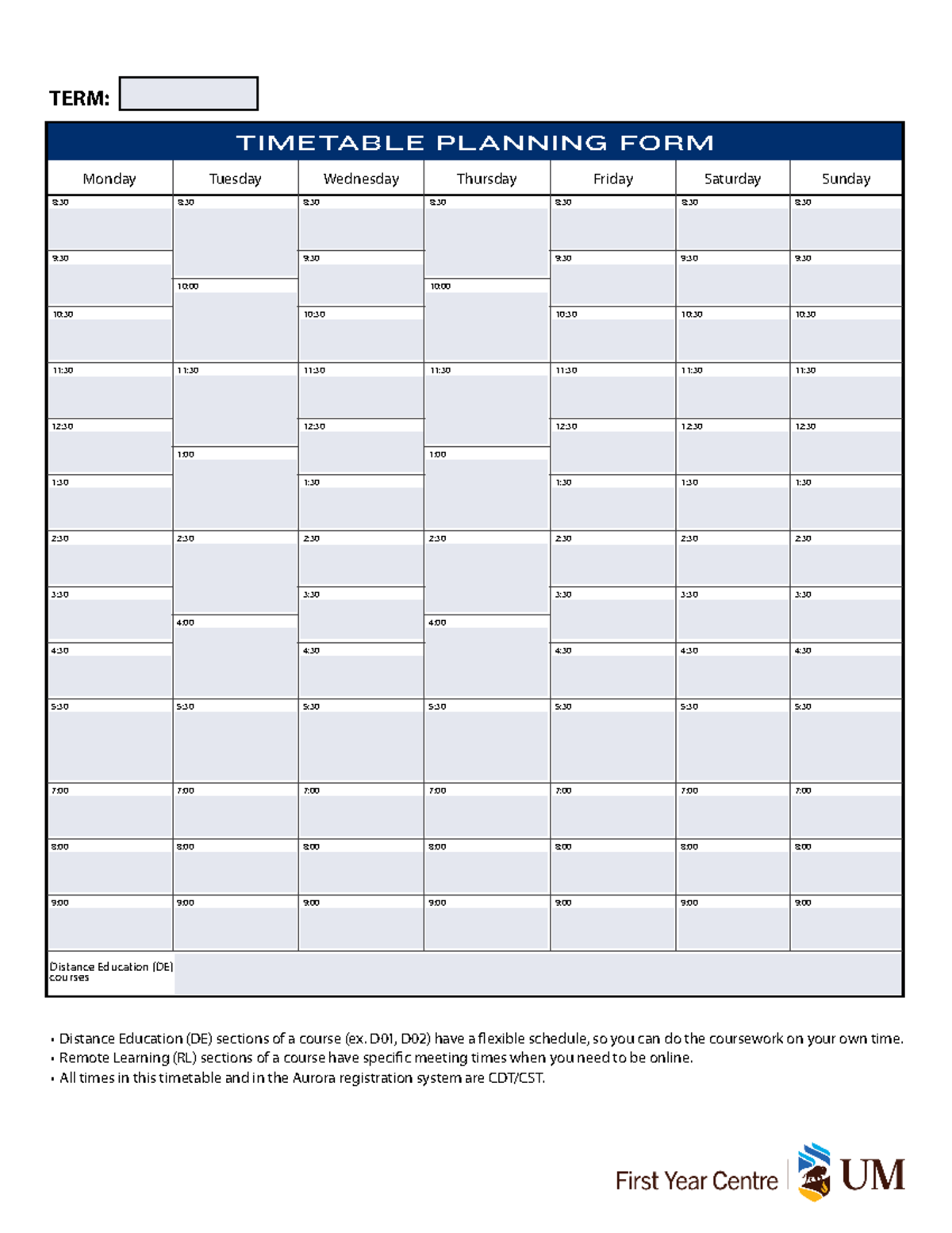 Timetable Planning Form for DE and RL Courses - Studocu