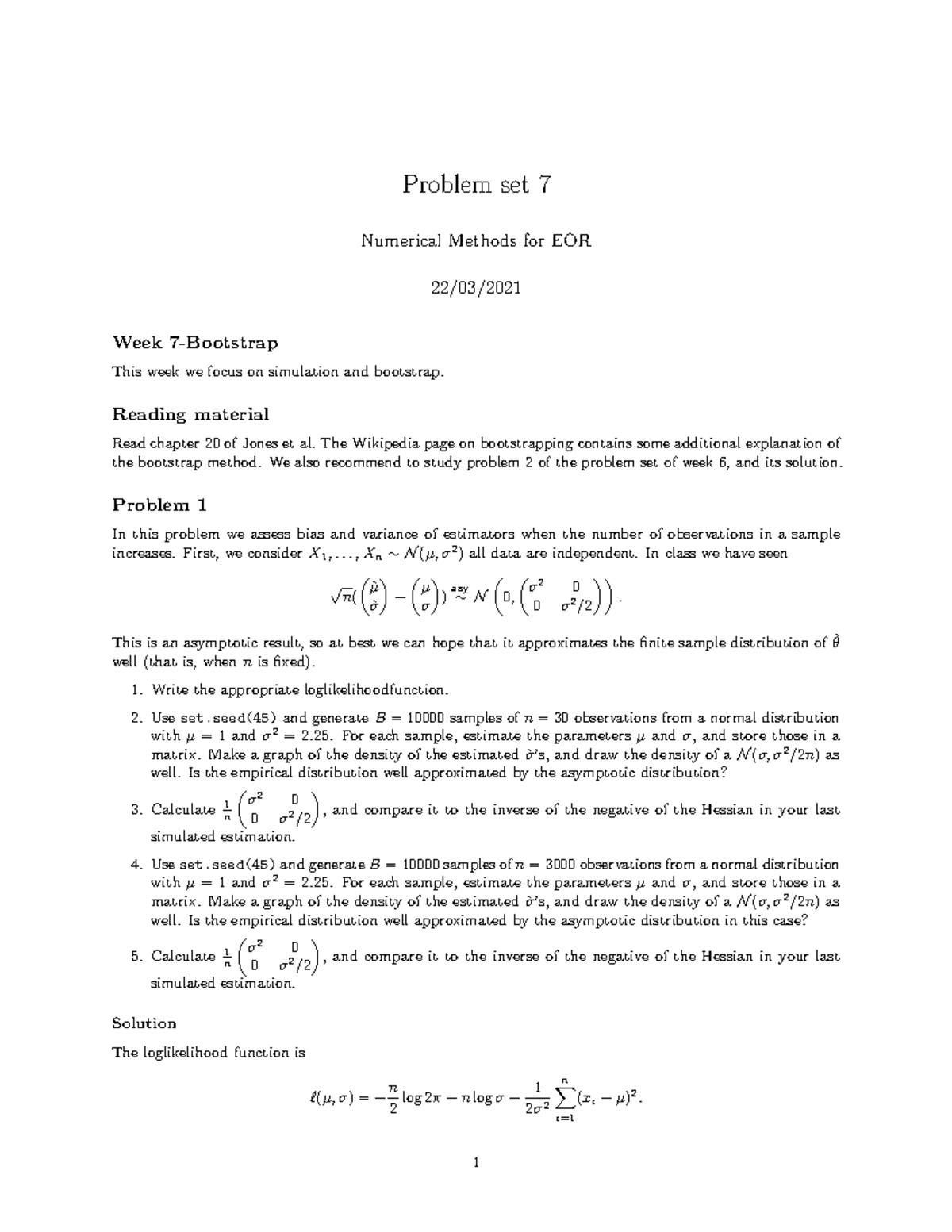 Problem set 7 solution - Problem set 7 Numerical Methods for EOR 22/03/ Week 7-Bootstrap This ...