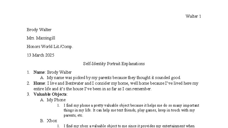 Honors World Essay: Portrait of Brody Walter - Studocu