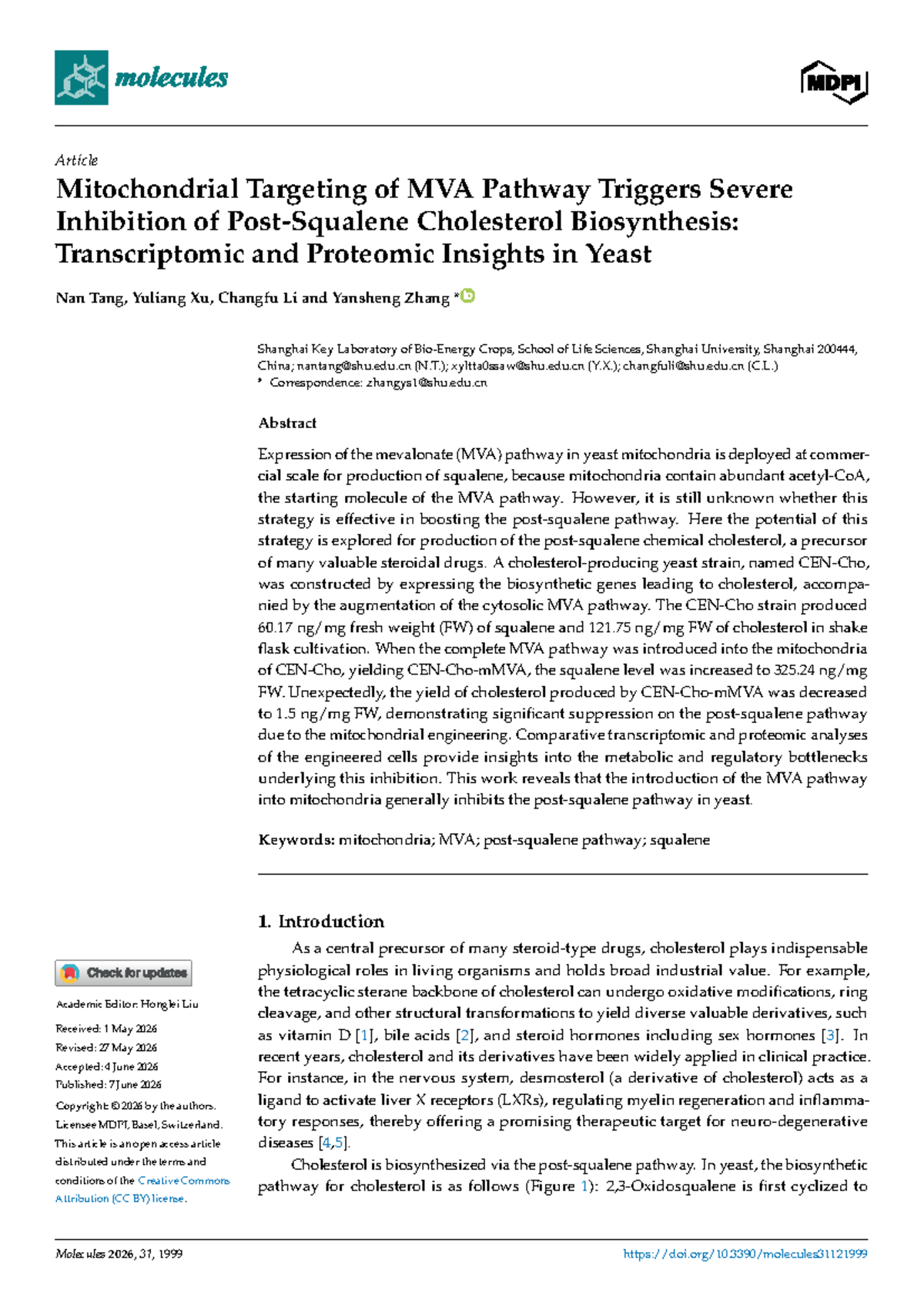 Molecules 2026, 31, Mitochondrial MVA Pathway Engineering Impacts ...