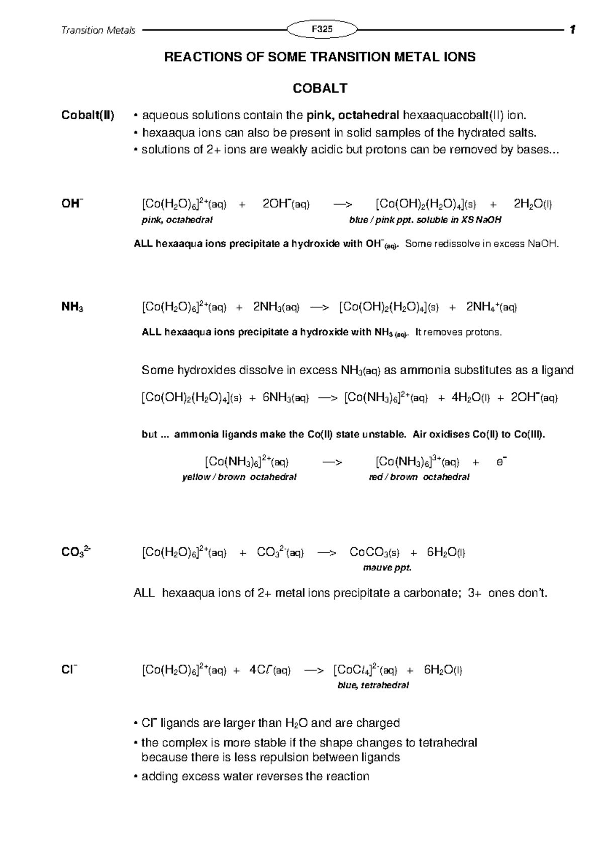 Reactions of Transition Metal Ions: Cobalt, Copper, Vanadium, Chromium ...