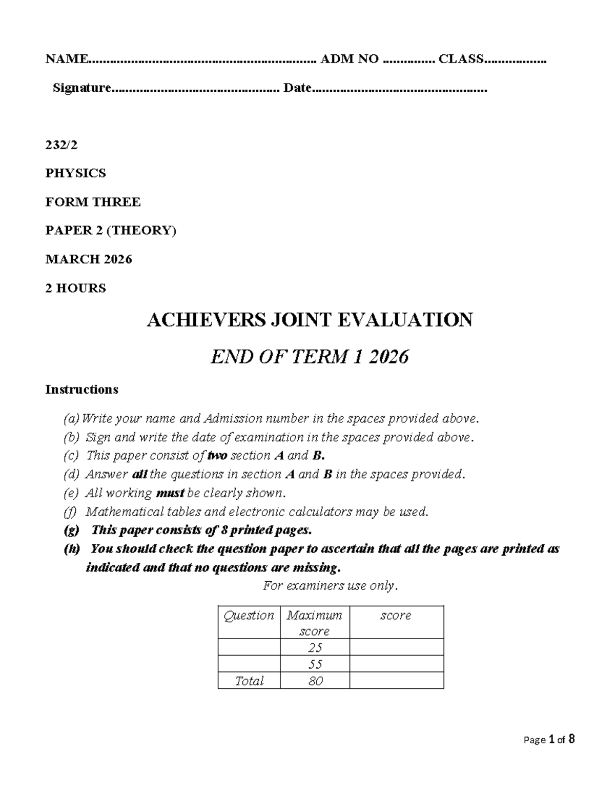 PHY 3 FORM 2 PAPER 2 (THEORY) MARCH 2026 - END OF TERM EVALUATION - Studocu