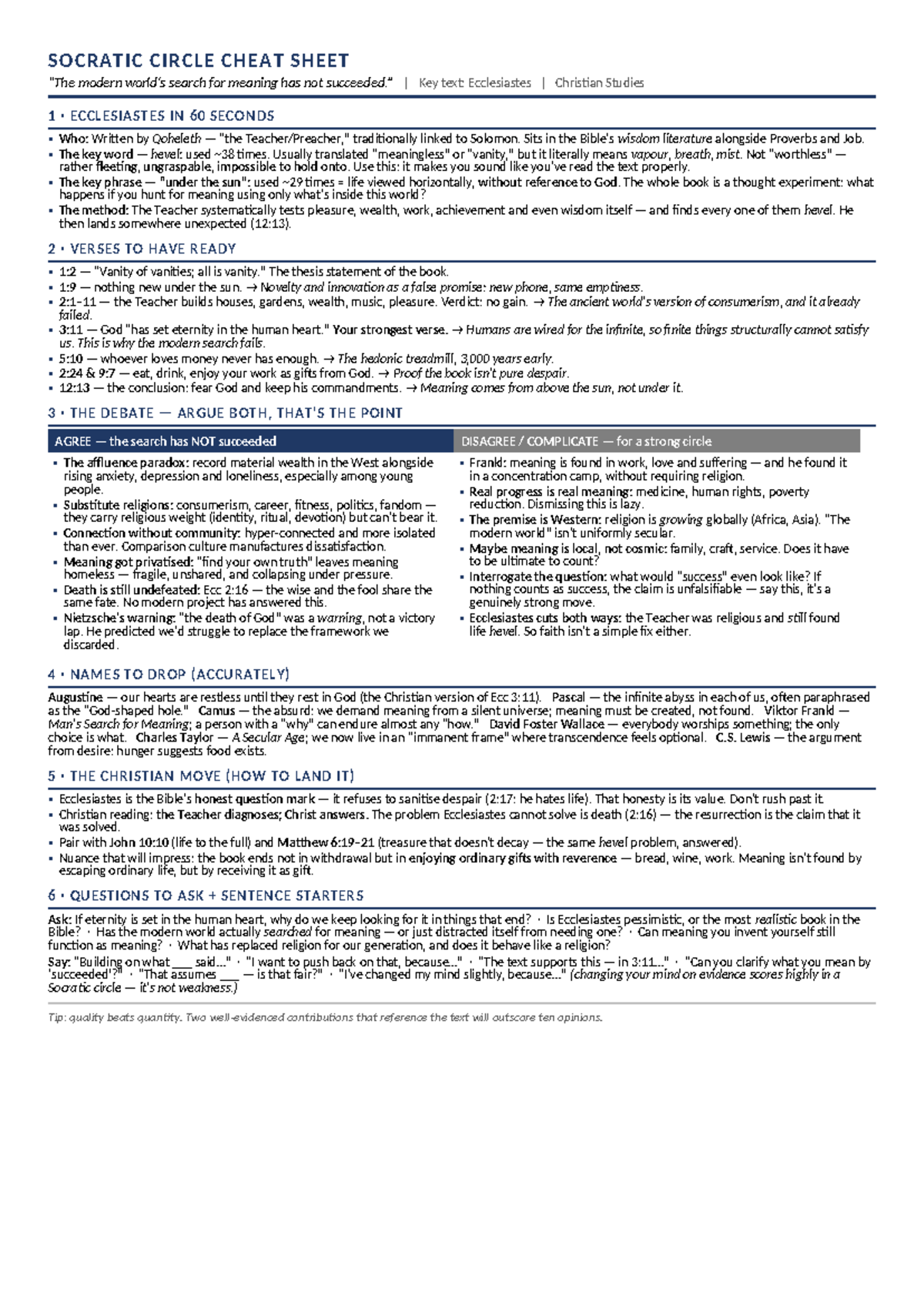 Christian Studies 1: Ecclesiastes Cheat Sheet for Socratic Circle - Studocu
