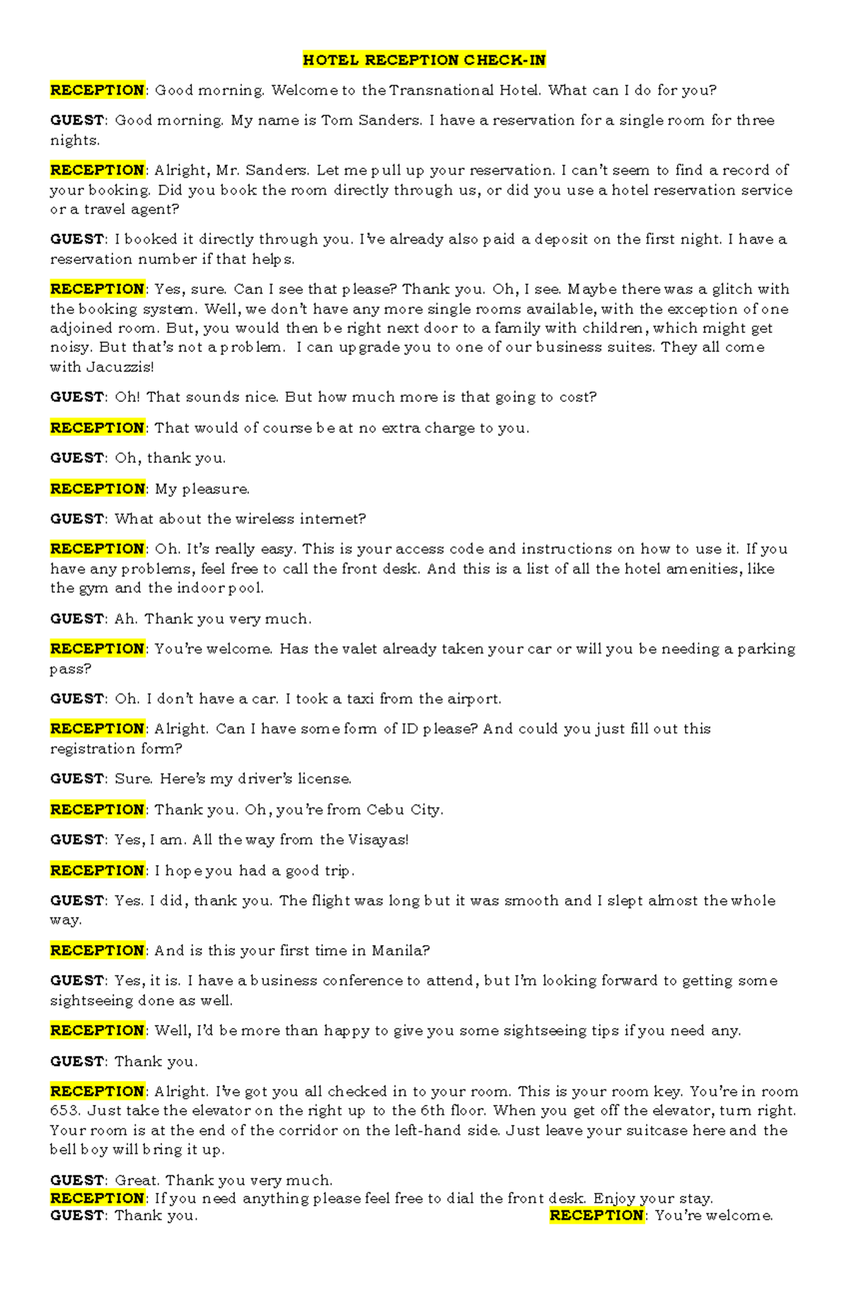 Hotel Reception Check-in Script: Guest Interaction Guide - Studocu