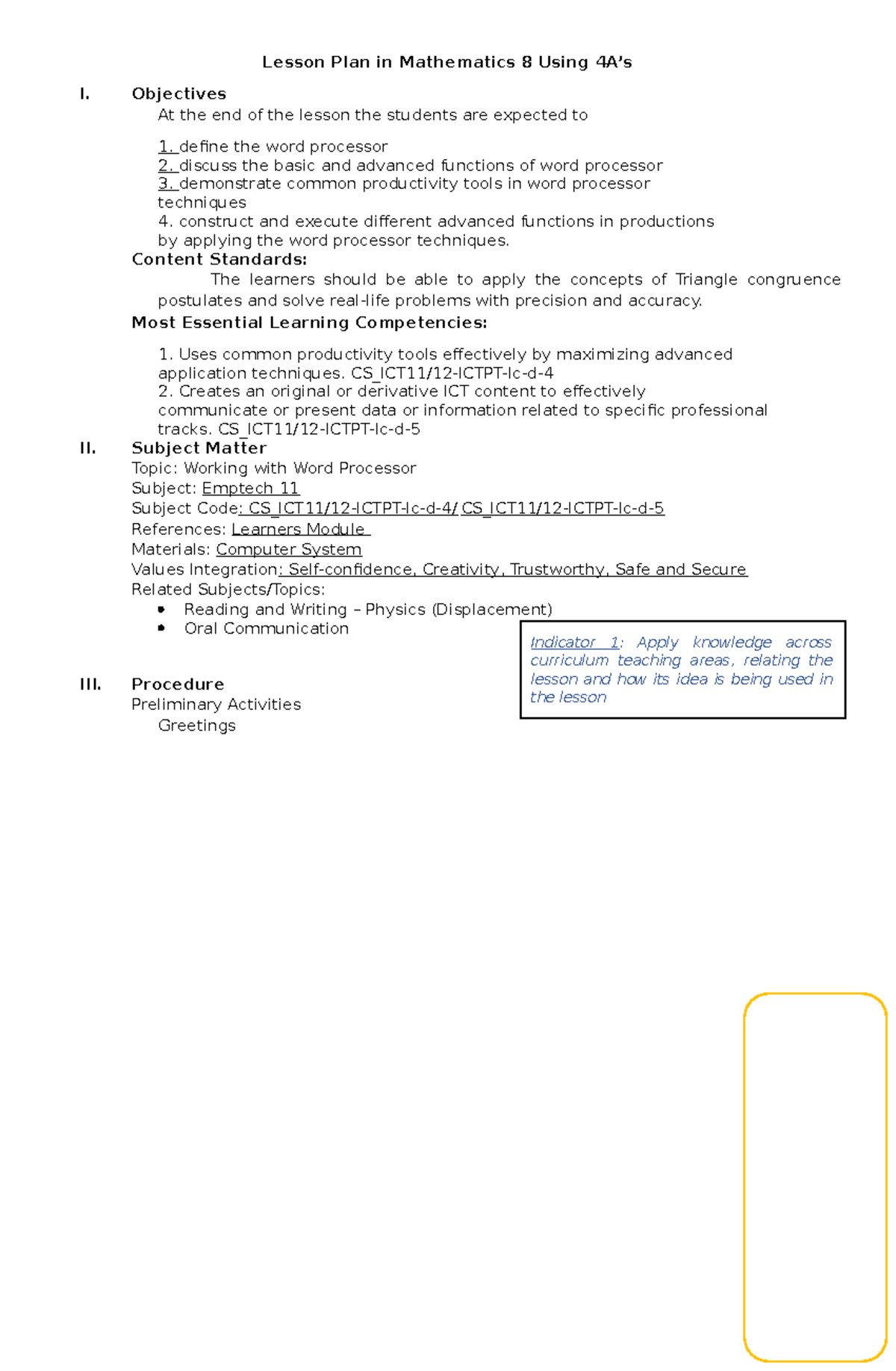Lesson Plan in Mathematics 8 Using 4A - Objectives At the end of the ...