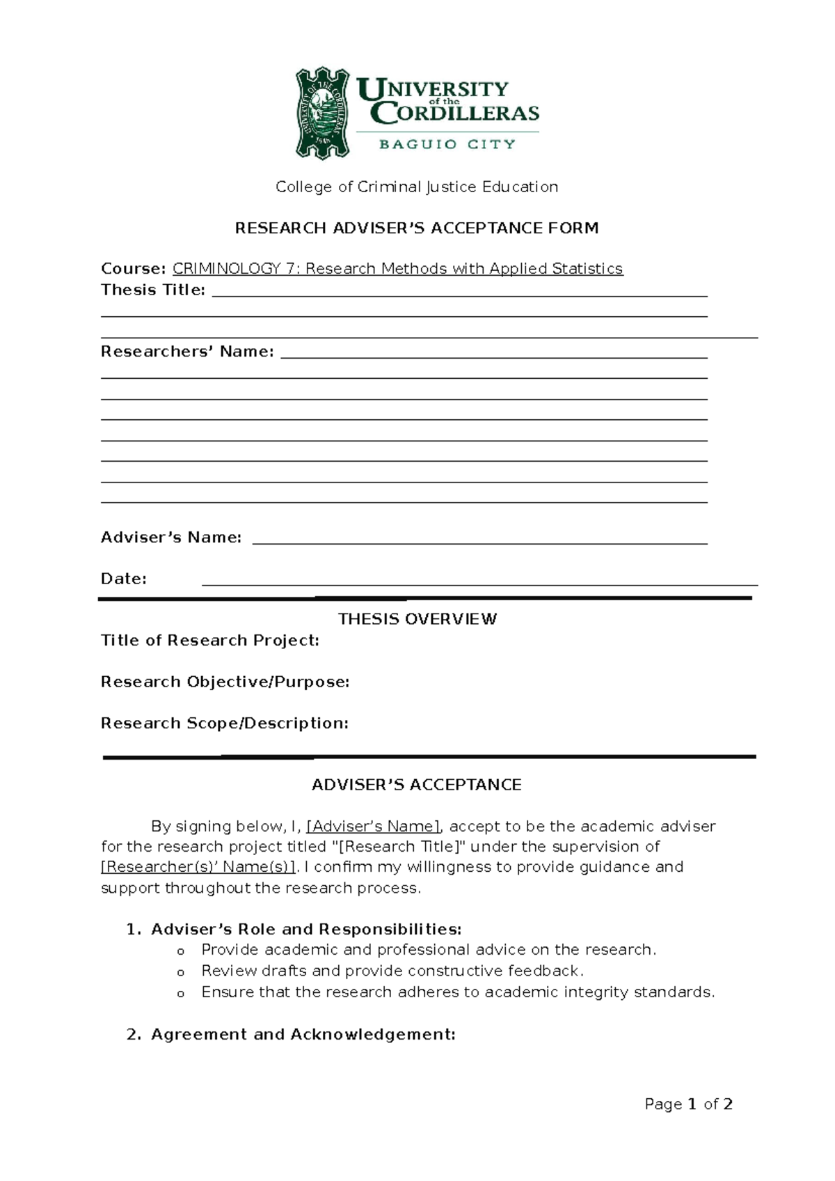 CRIM 7: Research Methods Acceptance Form for Thesis Project - Studocu