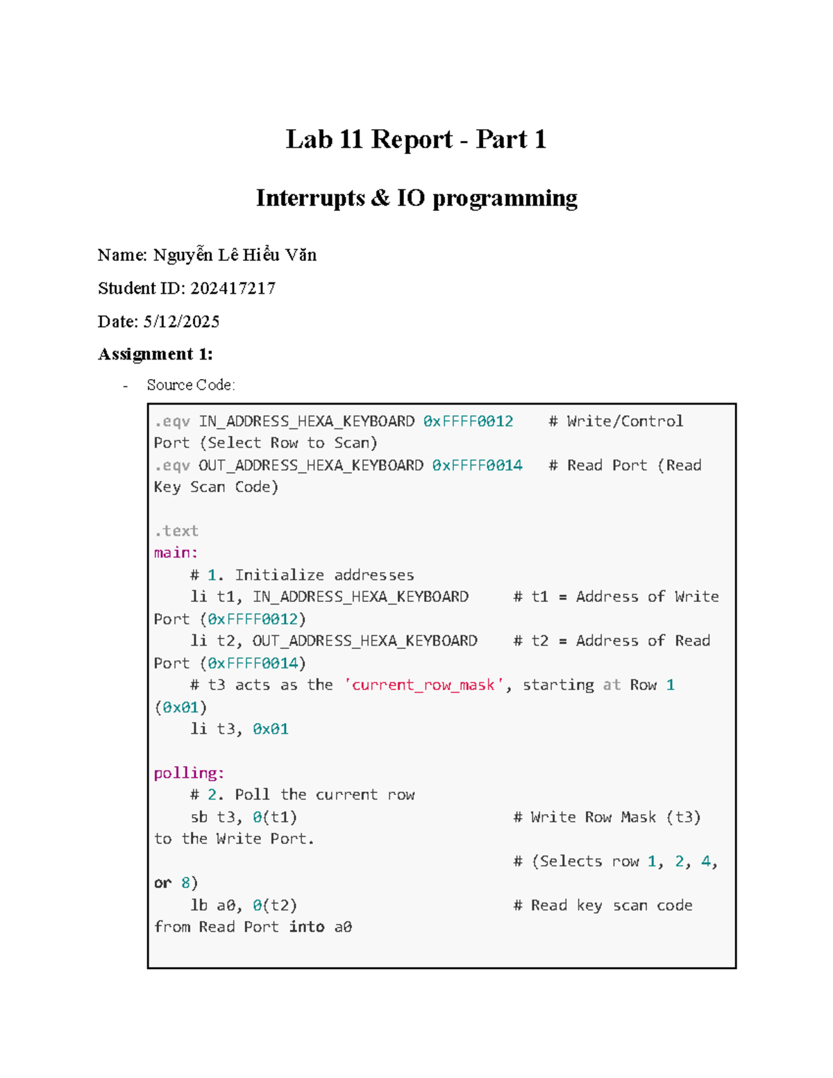 Lab 11 Report - Part 1: Interrupts and IO Programming - Studocu