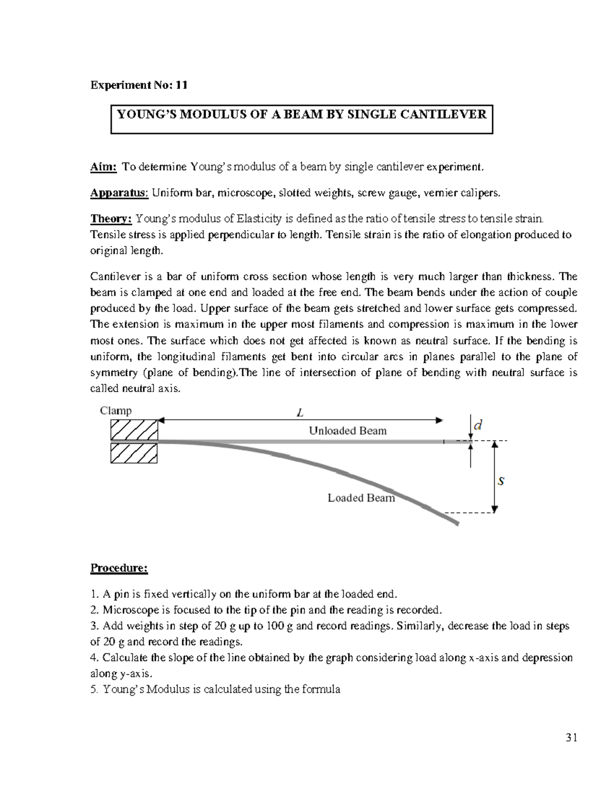 Young 8217 S Modulus By Bending Of Beam Experiment Lab Report - The ...