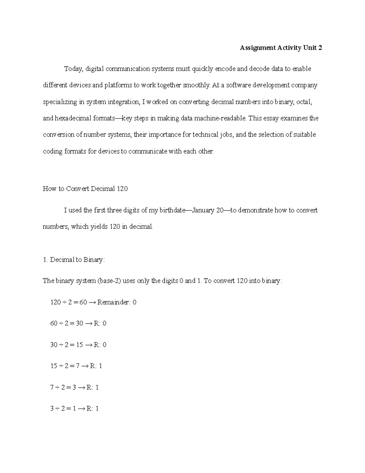 Assignment Activity Unit 2: Converting Decimal Numbers in Digital ...