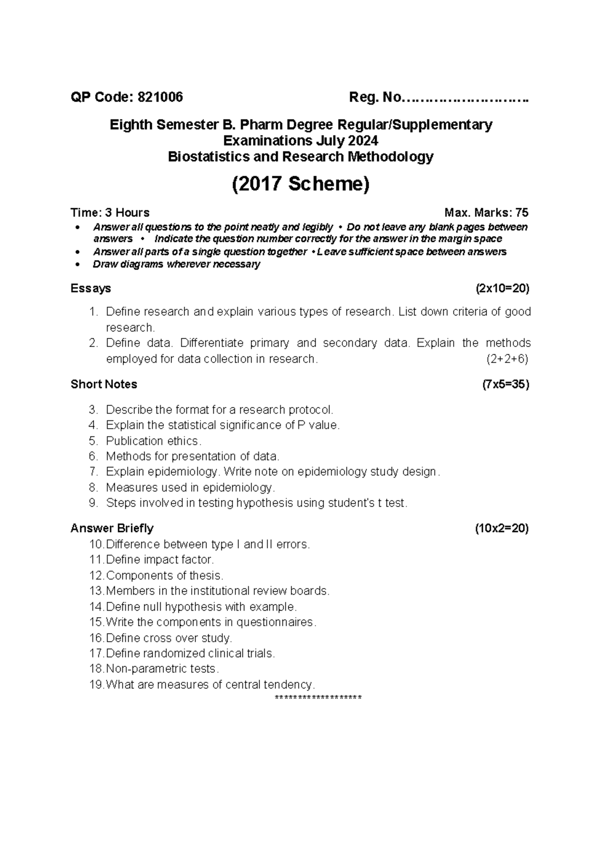 Research Methodology QP - Eighth Semester B. Pharm Degree Regular ...