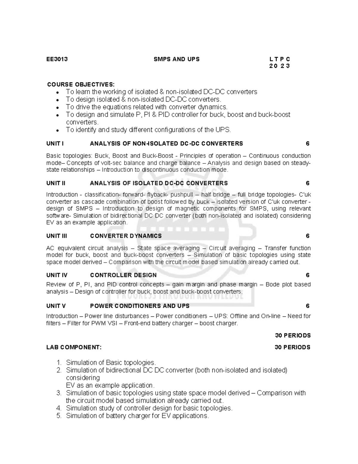 EE3013 SMPS & UPS Course Syllabus: Converter Design & Control - Studocu