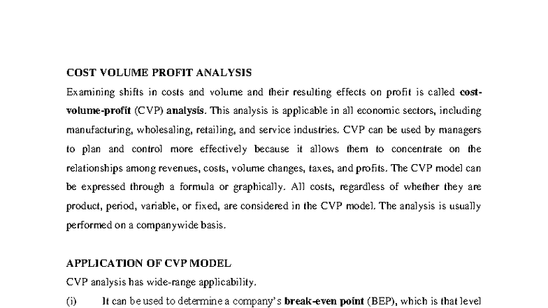 COST VOLUME PROFIT ANALYSIS (CVP) Overview and Applications - Studocu