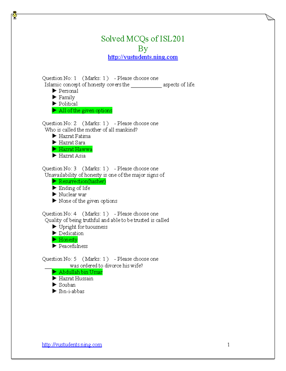 ISL201 Solved MCQ of Past paper - Solved MCQs of ISL By vustudents.ning ...