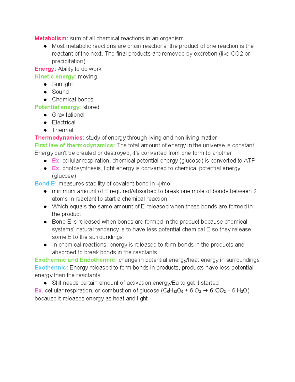Metabolic Processes Overview: Bio Unit 2 Study Guide - Studocu