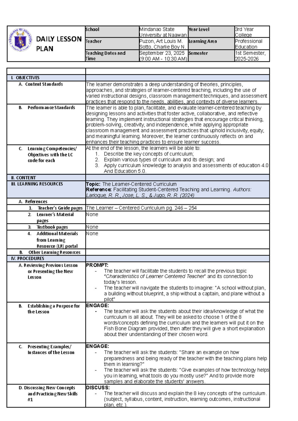 CPE 104 Daily Lesson Plan: Facilitating Teaching & Learning - Studocu