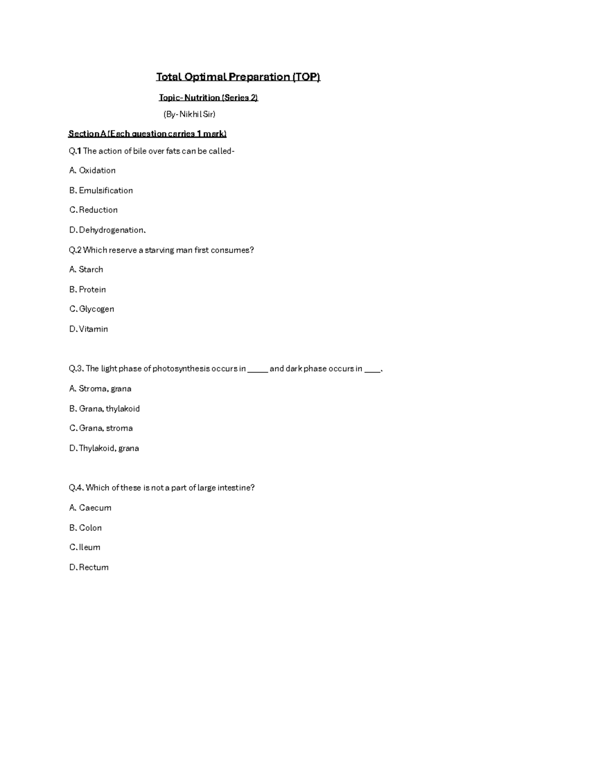 TOP Nutrition Series 2 - Section A Quiz Questions - Studocu