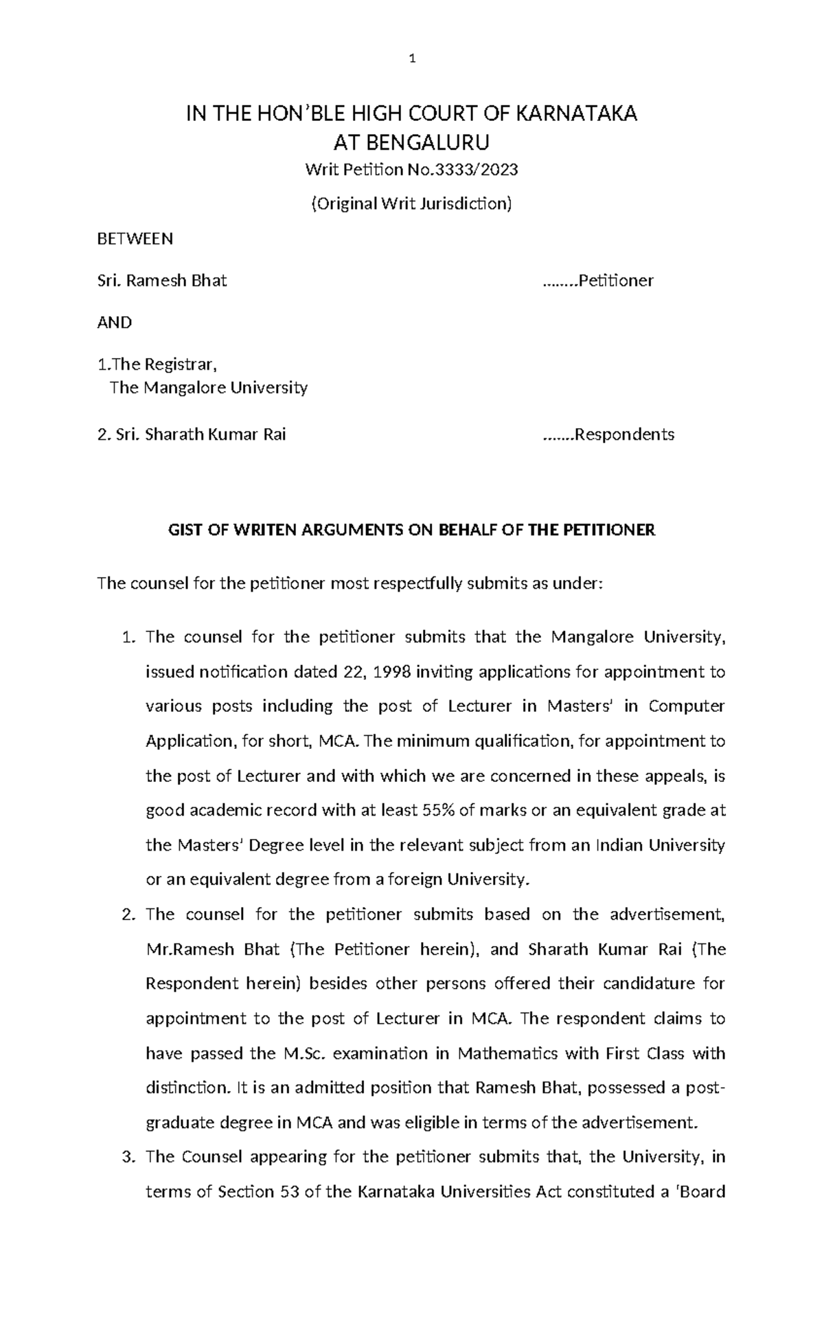 Moot Court Arguments on Writ Petition: Ramesh Bhat vs. Mangalore ...
