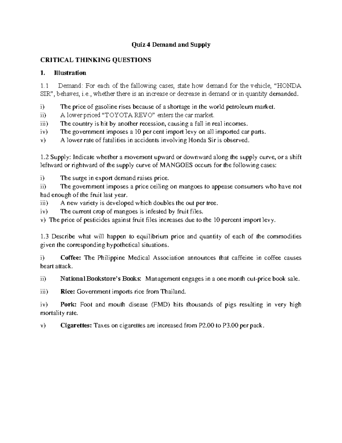 Quiz 4 on Demand & Supply: Critical Thinking Questions and Scenarios ...