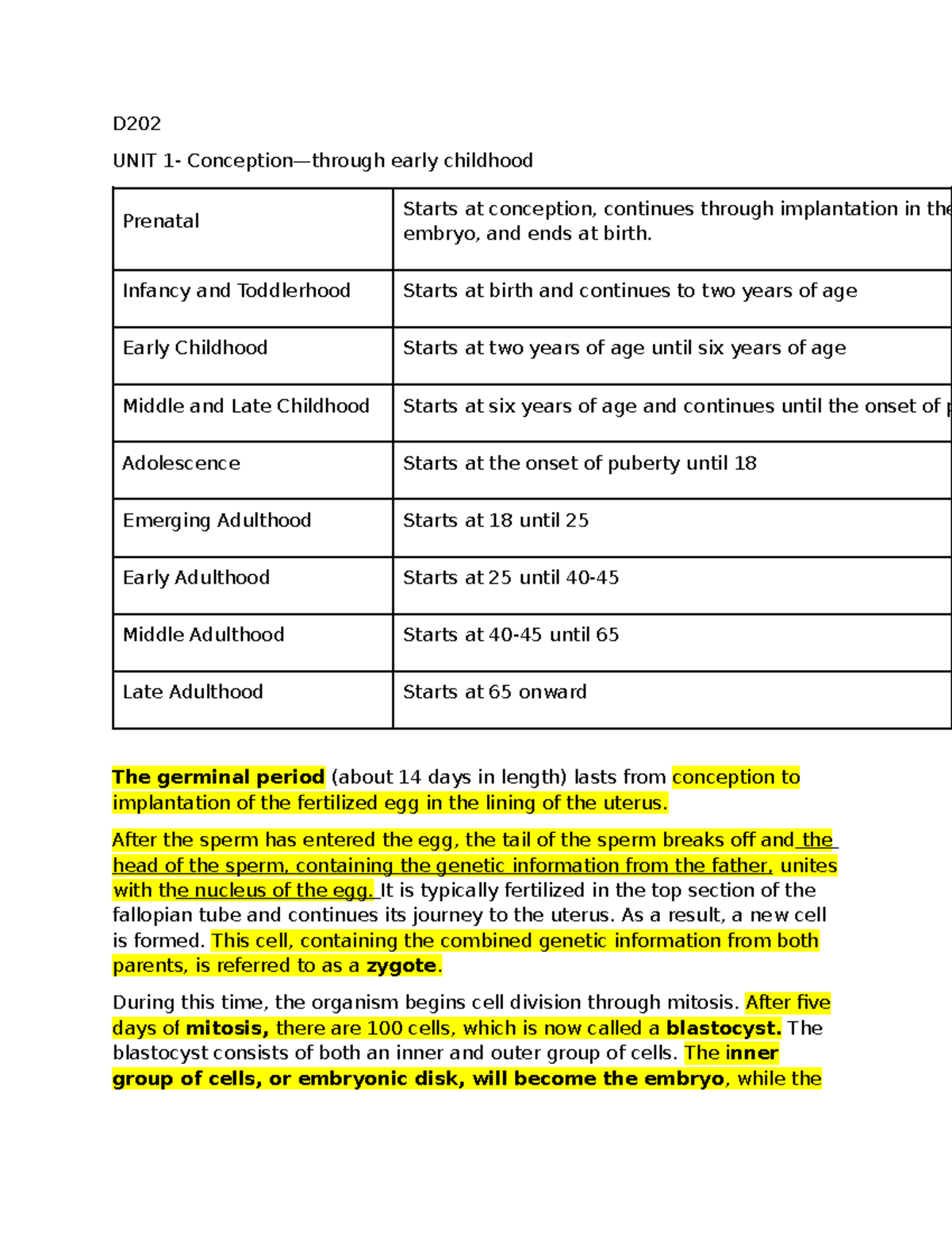 D202 Human Growth & Development: Stages from Conception to Infancy ...