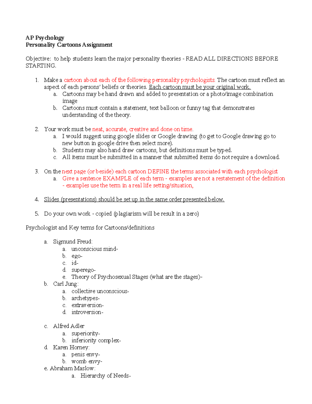 AP Psychology - Personality Cartoons Assignment Guide - Studocu