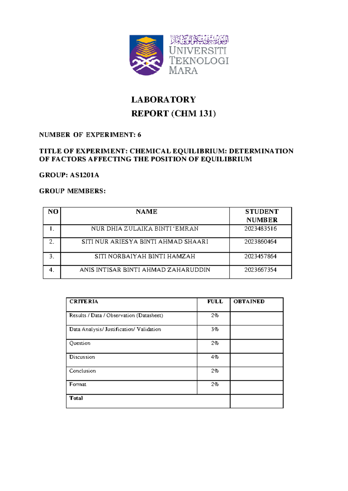 CHM131 LAB Report - Exp 6: Investigating Chemical Equilibrium Factors ...