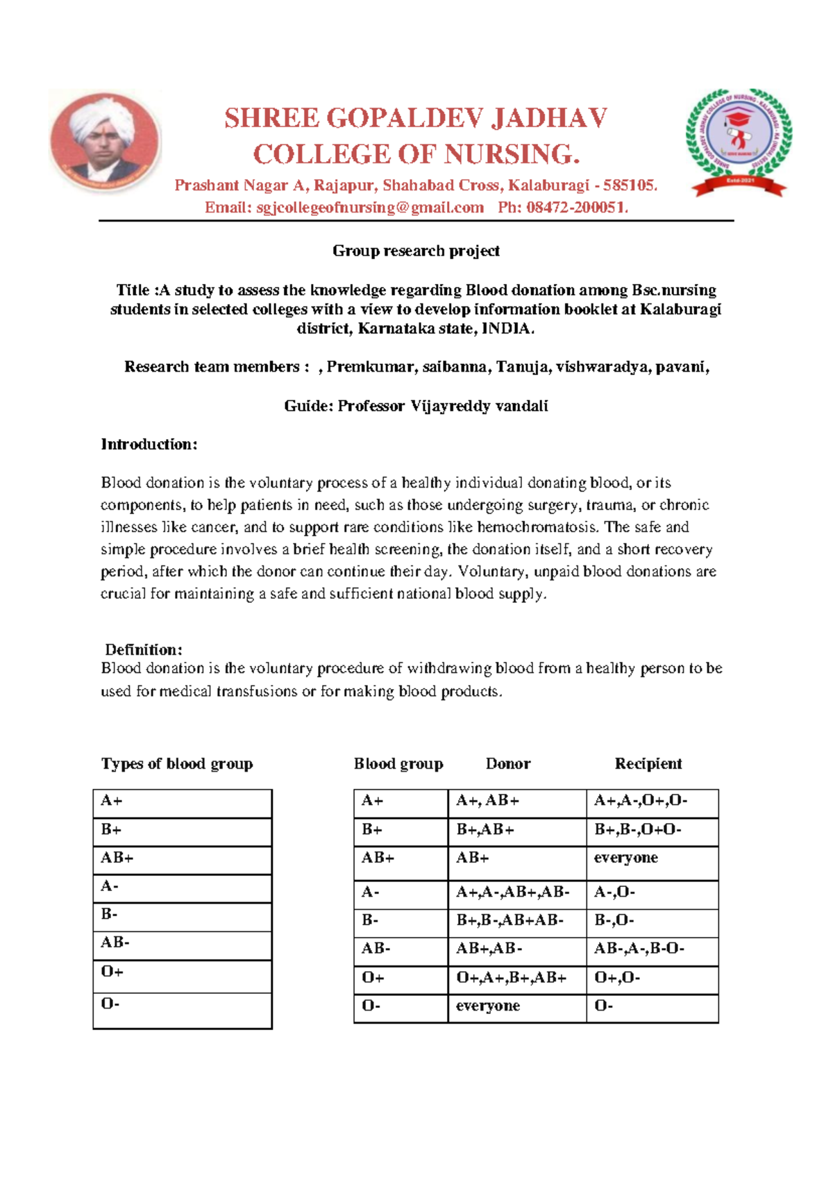 BSC Nursing Research Project: Knowledge on Blood Donation - Studocu
