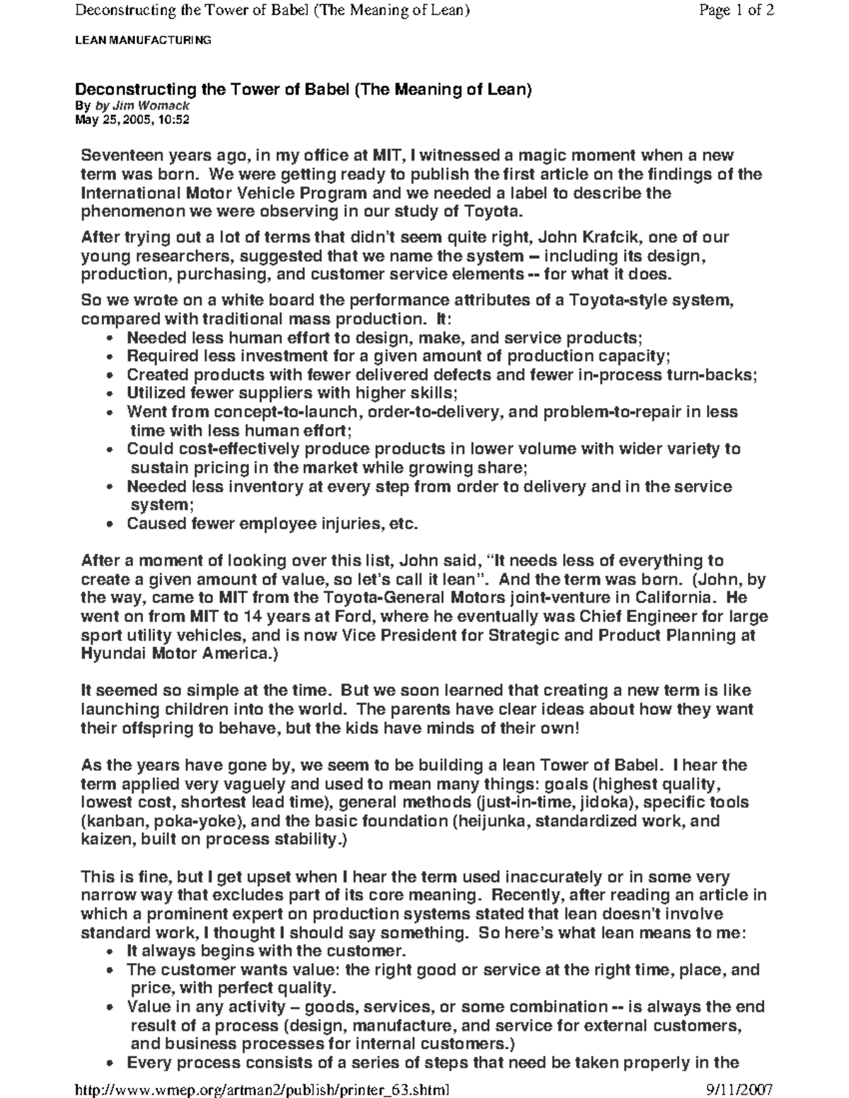 LEAN 6 - The Meaning of Lean: Origins and Implications - Studocu