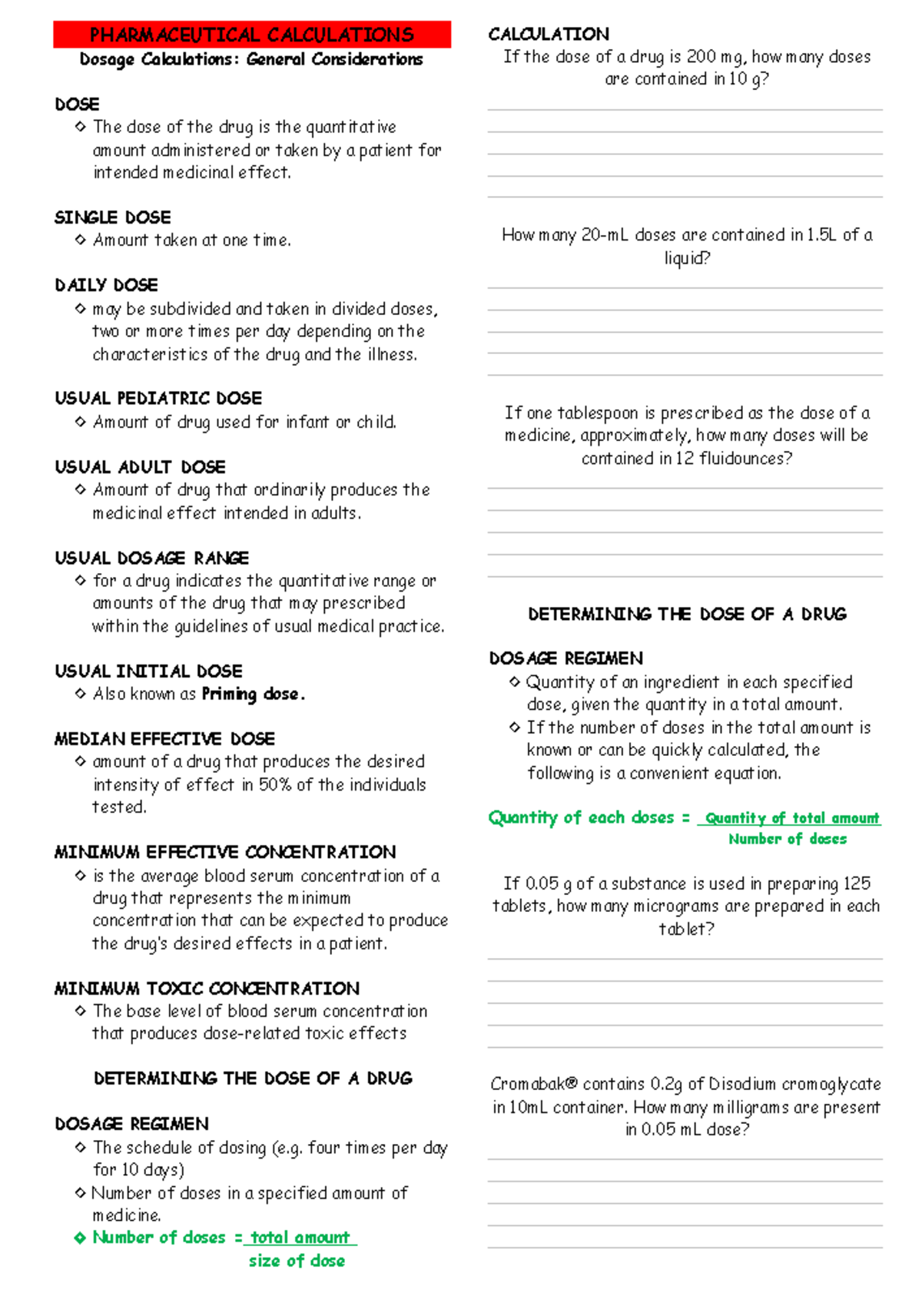 PHCL Midterm Exam Study Notes - Pharmaceutical Calculations - Studocu